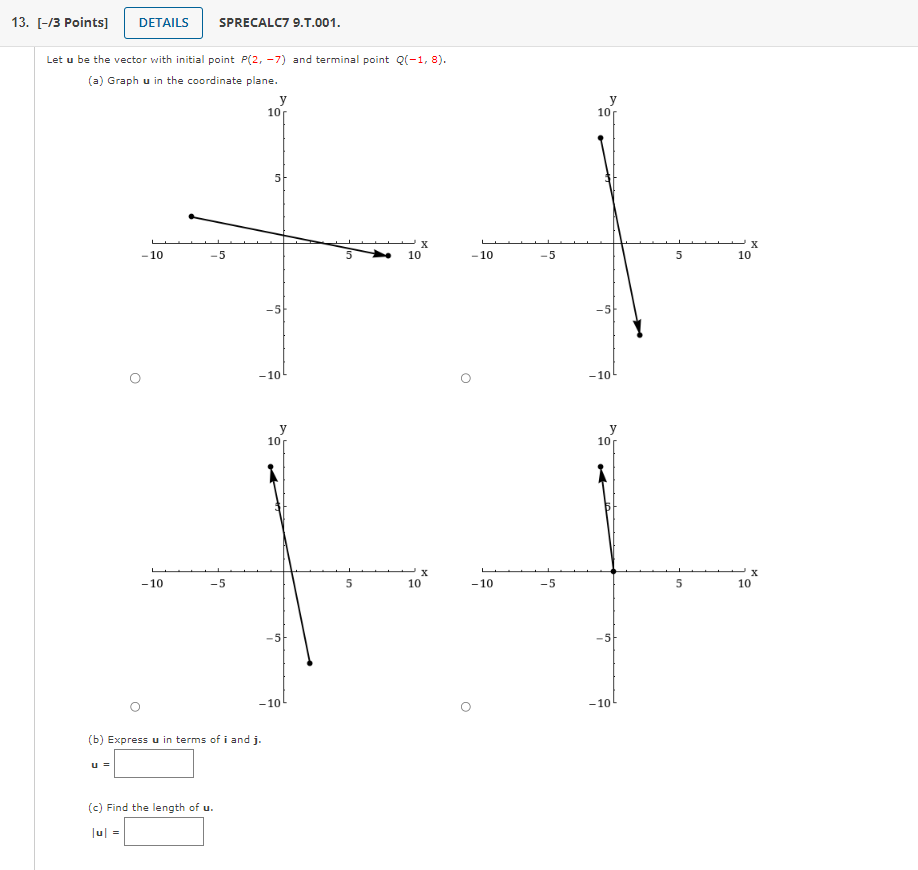 Solved Let u be the vector with initial point P(2,−7) and | Chegg.com