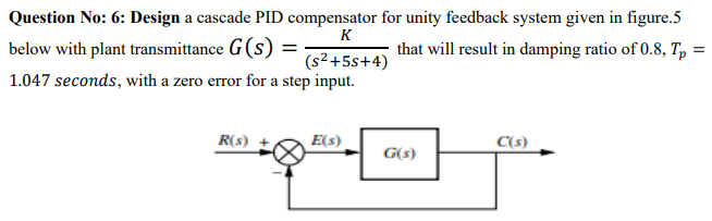 Solved Question No: 6: Design a cascade PID compensator for | Chegg.com