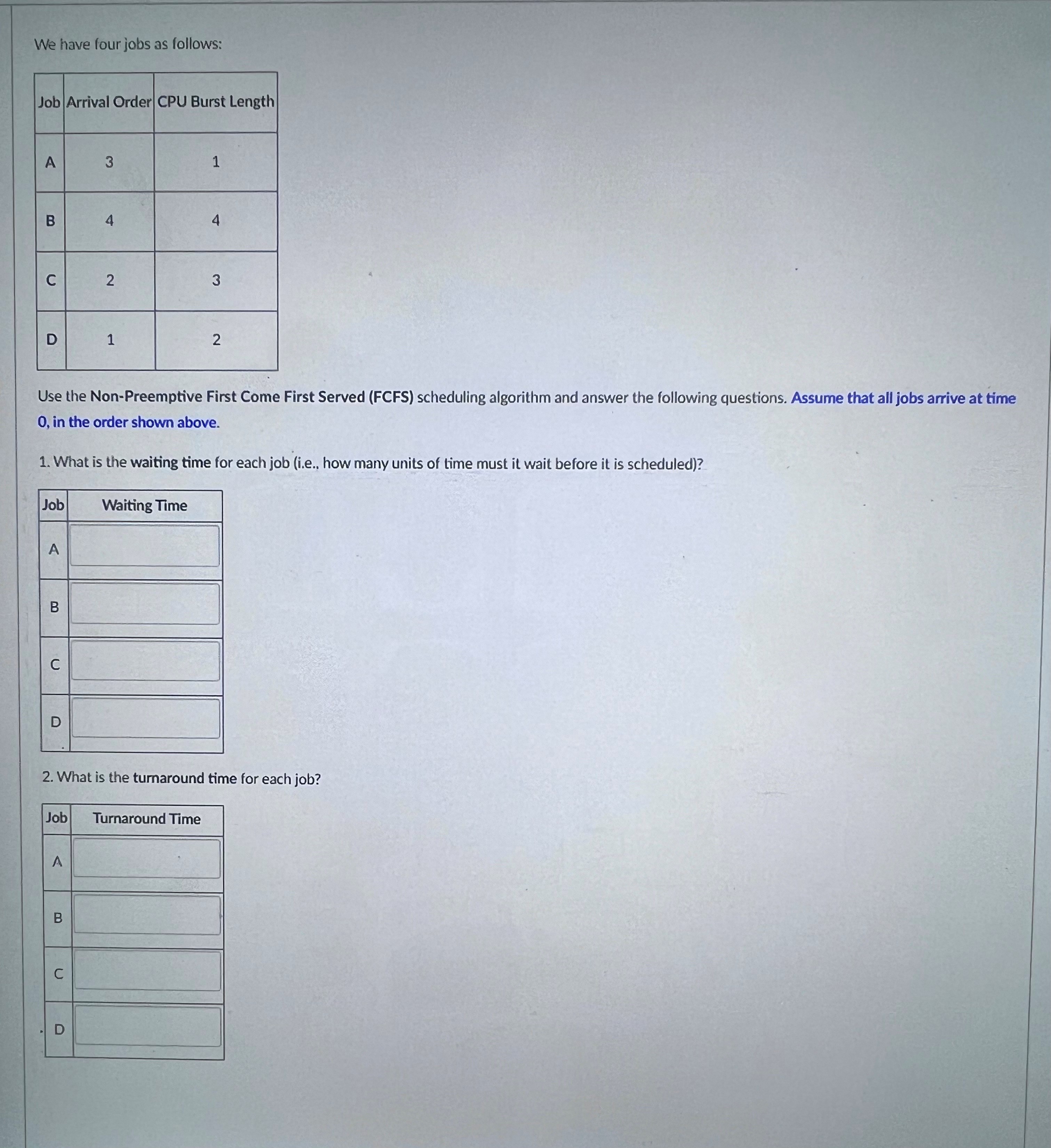 Solved We have four jobs as follows: Use the Non-Preemptive | Chegg.com
