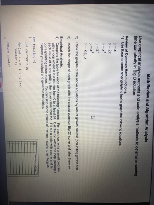 Solved Math Revlew and Algorithm Analysls Use empirical | Chegg.com