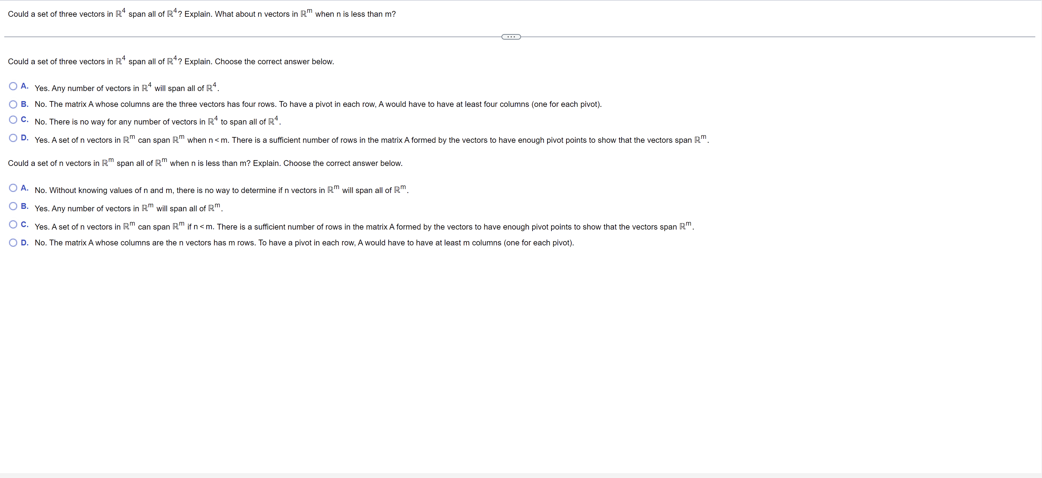 Solved Could a set of three vectors in R4 span all of R4? | Chegg.com