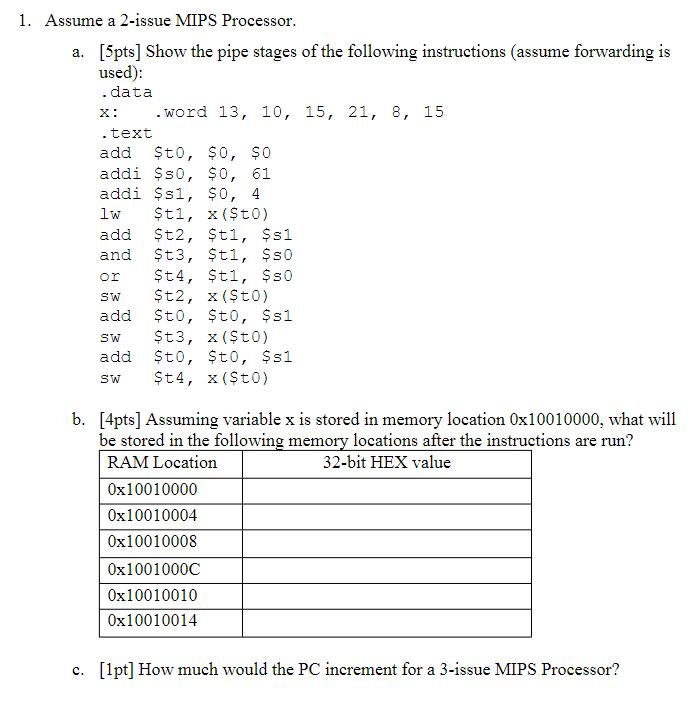 Solved 1. Assume a 2-issue MIPS Processor. a. [5pts] Show | Chegg.com