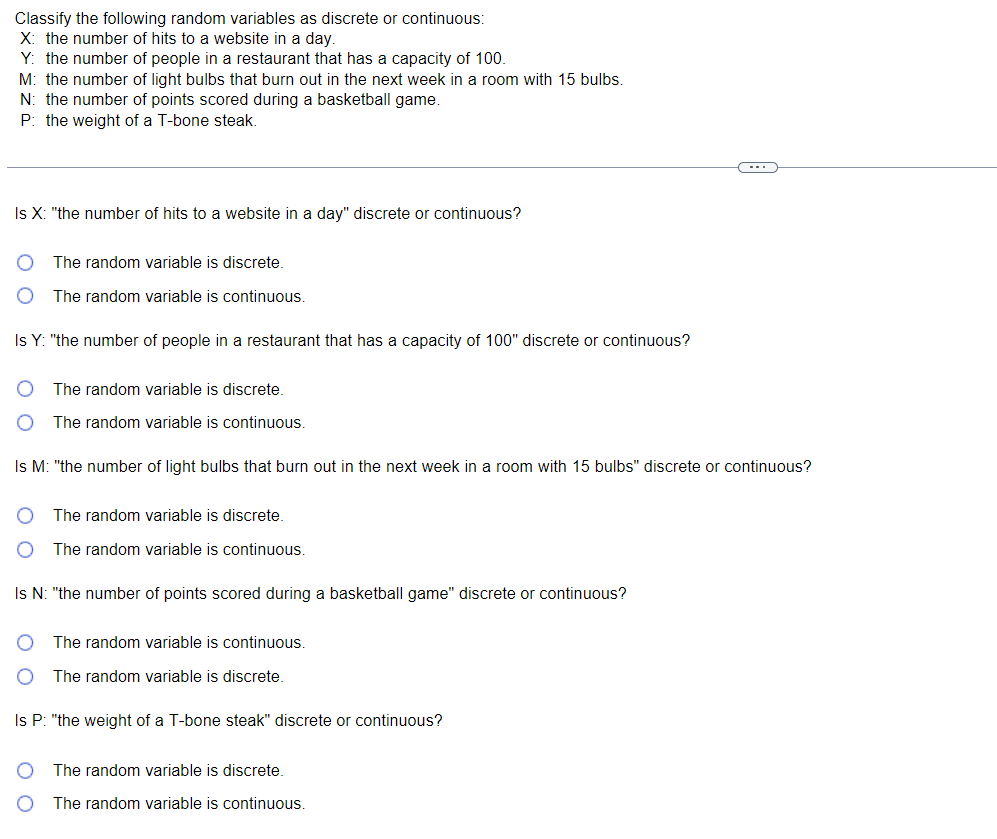 Solved Classify the following random variables as discrete | Chegg.com