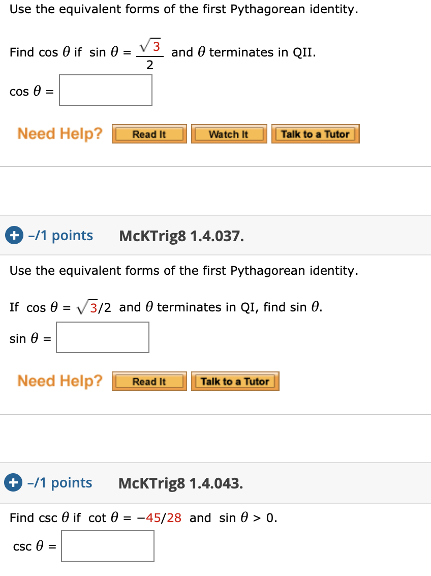 Solved Use the equivalent forms of the first Pythagorean | Chegg.com