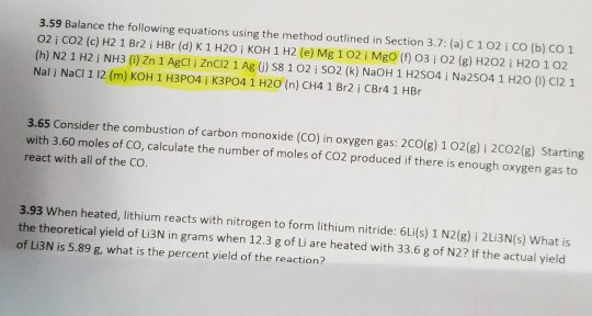 Solved 3.59 Balance the following equations using the method | Chegg.com