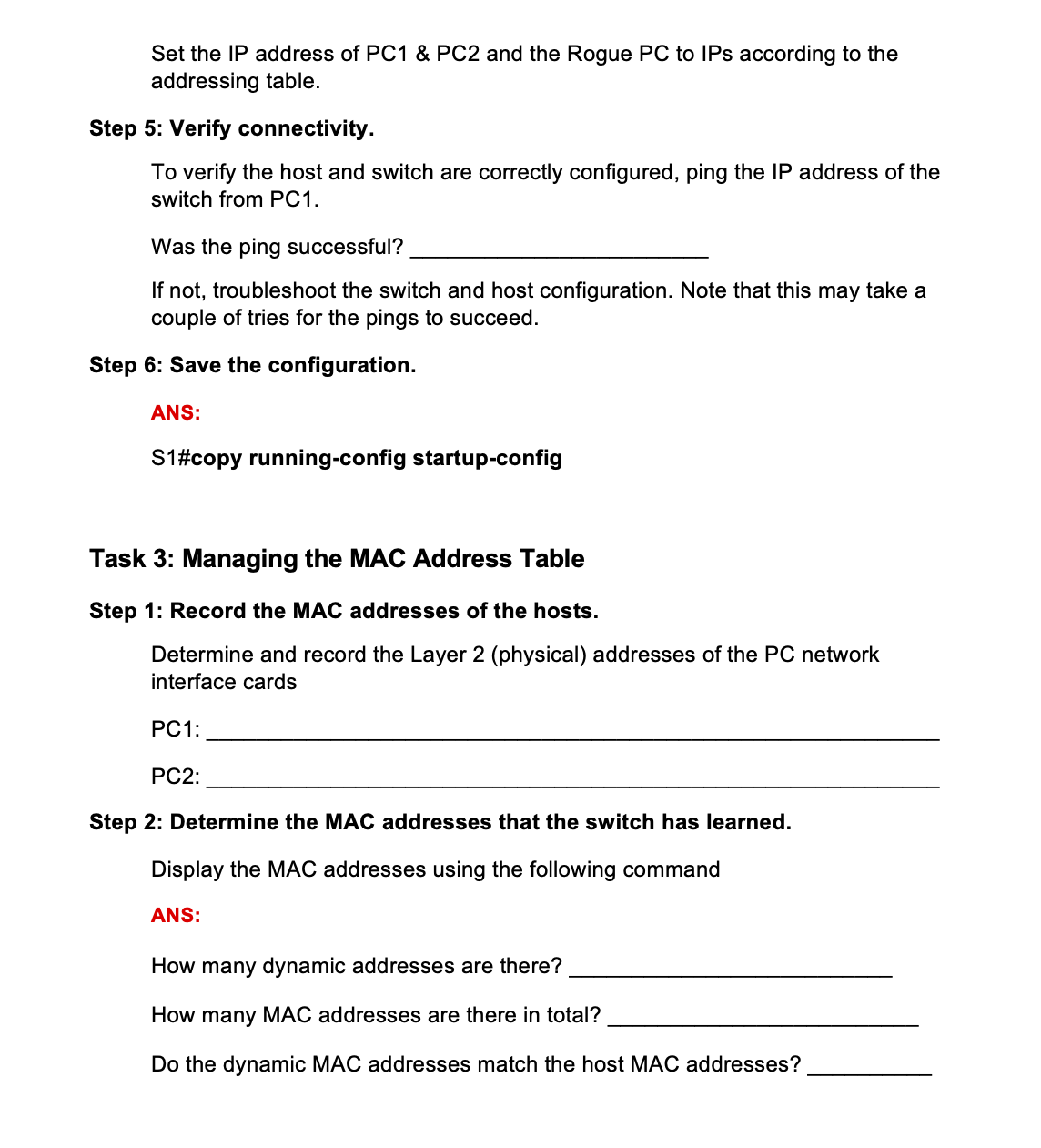 Solved Configuring Switch Port Security Topology Addressing | Chegg.com