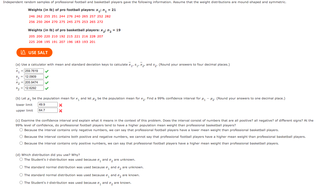 Solved Independent random samples of professional football | Chegg.com