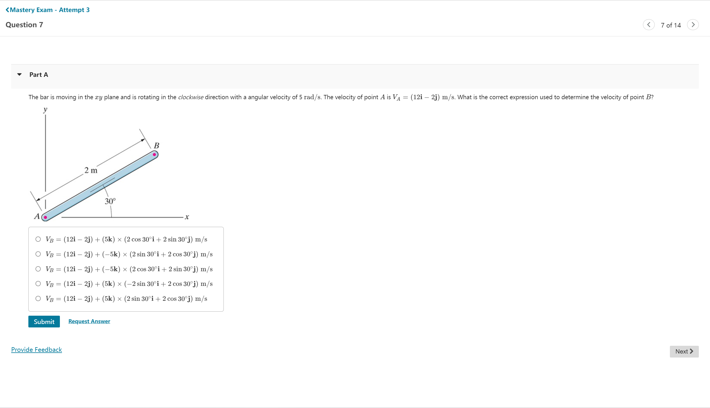 Solved VB=(12i−2j)+(5k)×(2cos30∘i+2sin30∘j)m/sVB=(12i−2j)+(− | Chegg.com