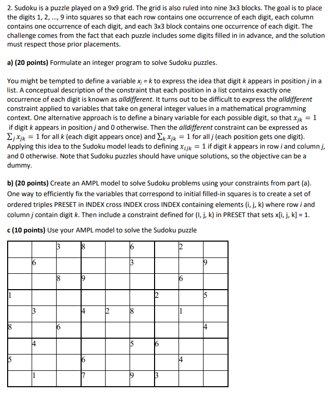 Solved 2. Sudoku is a puzzle played on a 9x9 grid. The grid | Chegg.com