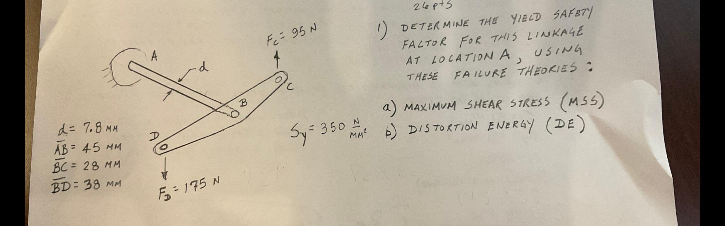 Solved . Fe = 95N 2epts 1) DETERMINE THE YIELD SAFETY FACTOR | Chegg.com