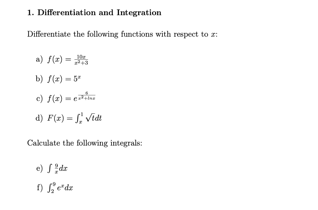 Solved 1. Differentiation and Integration Differentiate the | Chegg.com