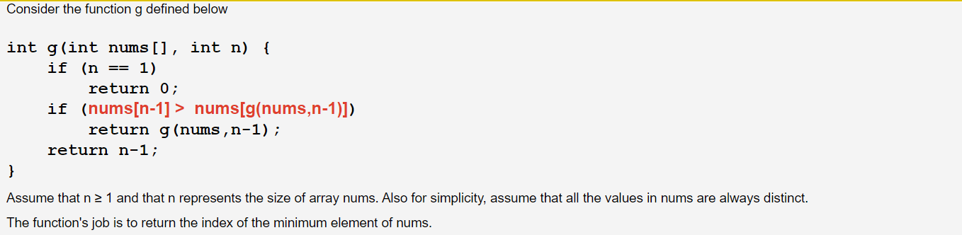 Solved Consider the function g defined below int g(int nums | Chegg.com