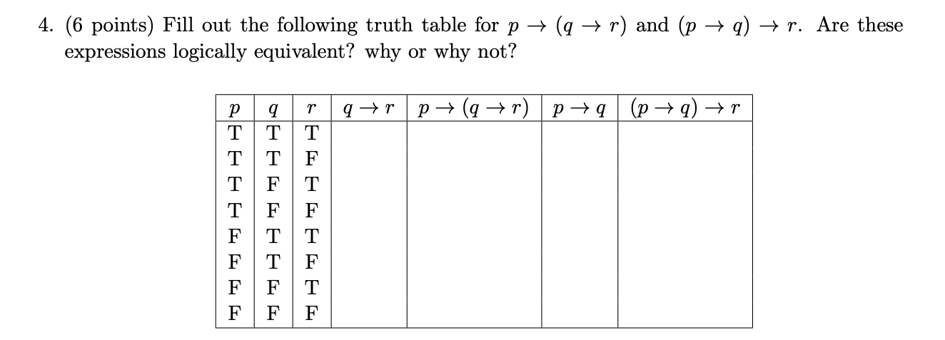 Solved 4. (6 points) Fill out the following truth table for | Chegg.com