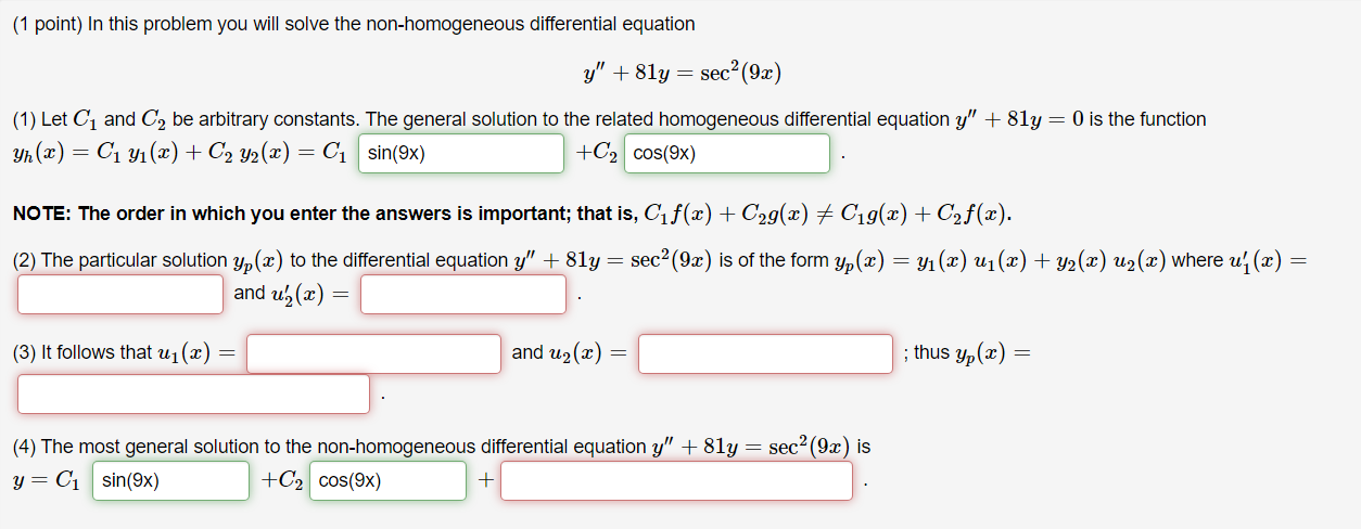 Solved (1 point) In this problem you will solve the | Chegg.com