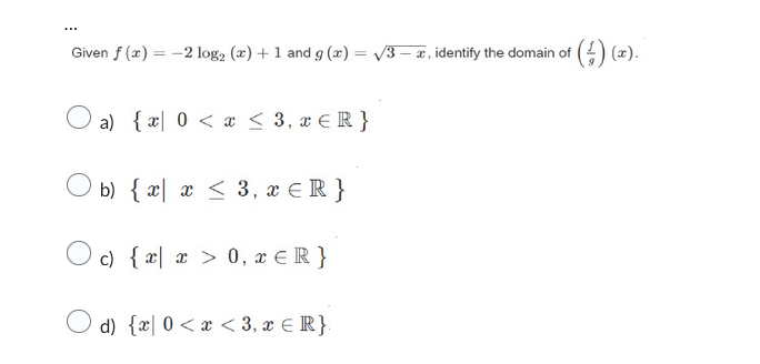 Solved Given f(x)=−2log2(x)+1 and g(x)=3−x, identify the | Chegg.com