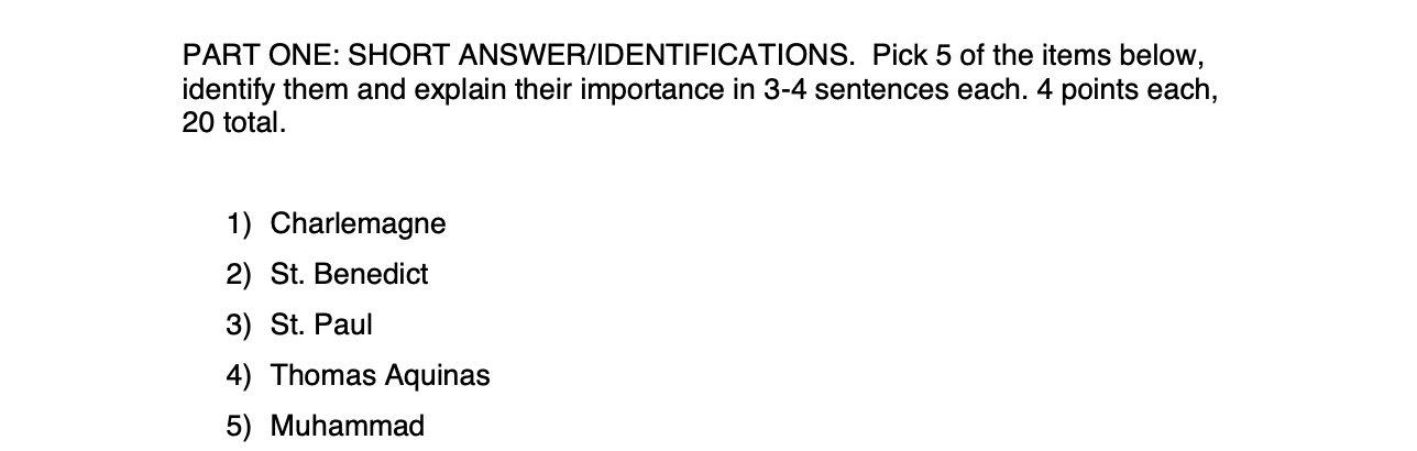 Solved PART ONE: SHORT ANSWER/IDENTIFICATIONS. Pick 5 of the | Chegg.com