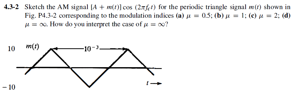 Solved 4.3-2 Sketch the AM signal [A +m(t)] cos (2fet) for | Chegg.com