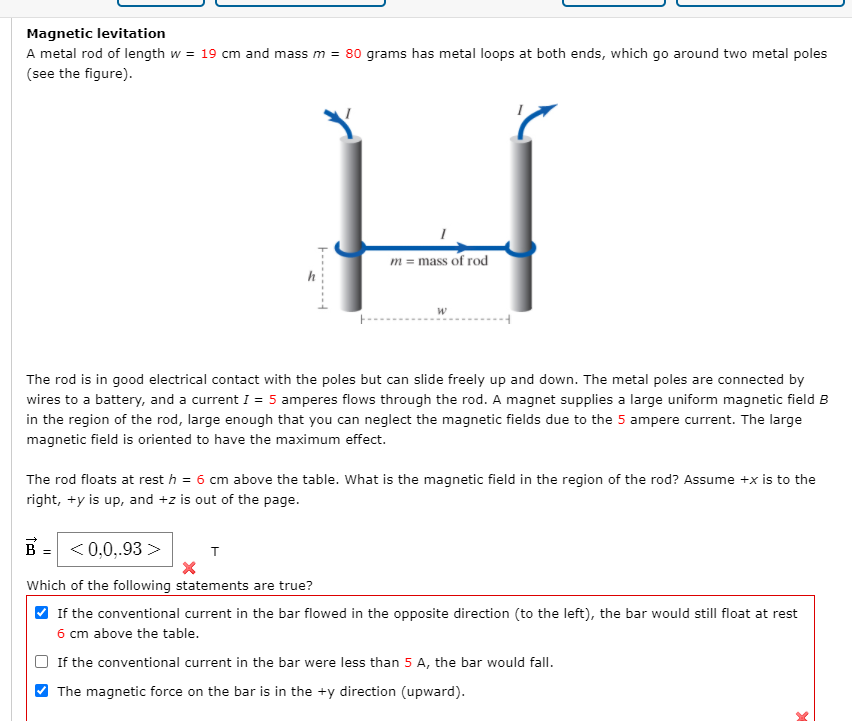 Solved Magnetic levitation A metal rod of length w = 19 cm | Chegg.com