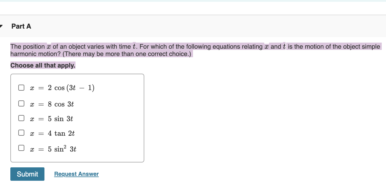 Solved Part A The position x of an object varies with time | Chegg.com