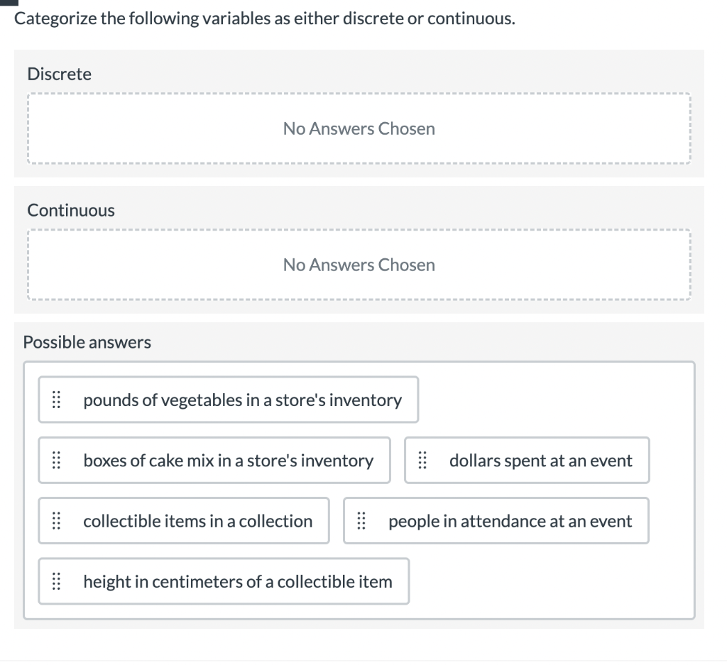 Solved Categorize the following variables as either discrete | Chegg.com Solved Categorize the following variables as either discrete | Chegg.com