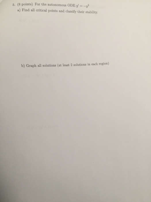 Solved For the autonomous ODE y' = -y^2 Find all critical | Chegg.com