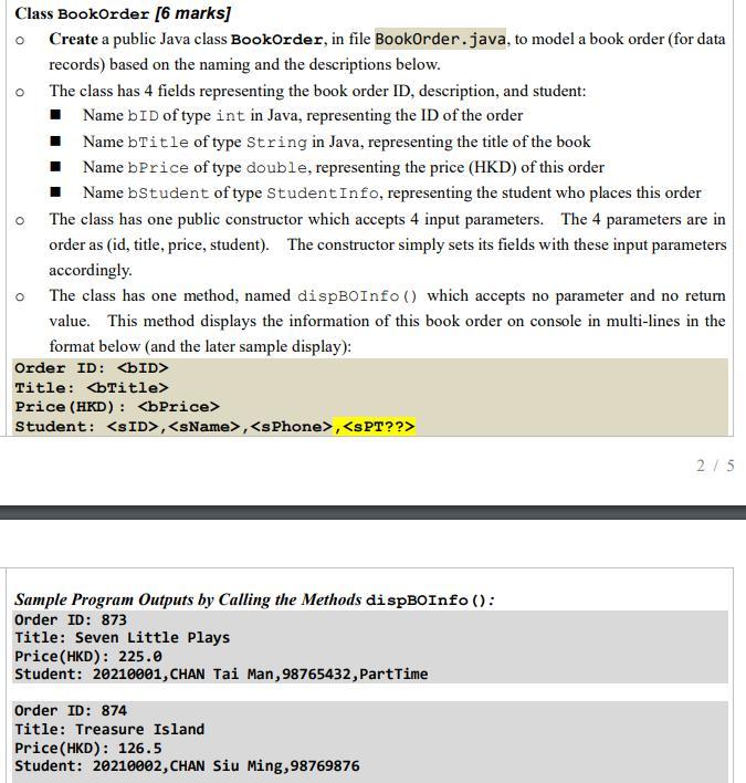 Solved Class BookOrder [6 marks] Create a public Java class | Chegg.com