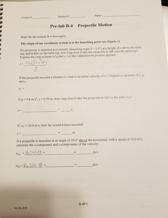 Solved Course # Section # Name Pre-lab B-4 Projectile Motion | Chegg.com