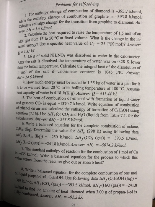 Solved Problems for self-solving The enthalpy change of | Chegg.com