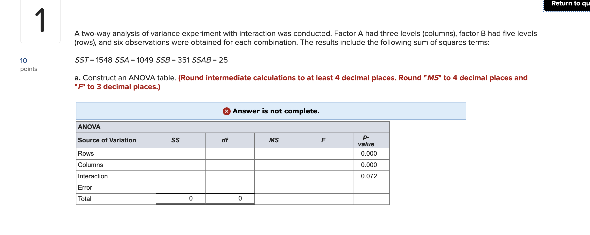 Solved Return to qu 1 A two-way analysis of variance | Chegg.com