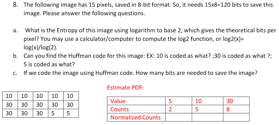 Solved 8. The following image has 15 pixels, saved in 8 -bit | Chegg.com