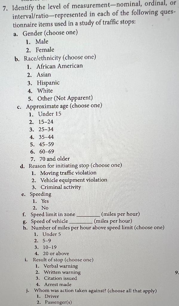Solved 7. Identify the level of measurement-nominal, | Chegg.com