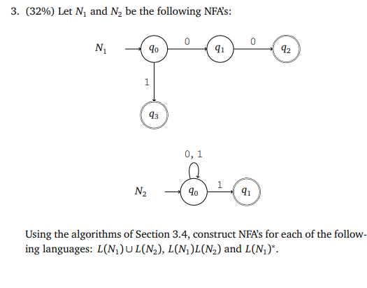 Solved 3. ( 32%) Let N1 and N2 be the following NFA's: Using | Chegg.com