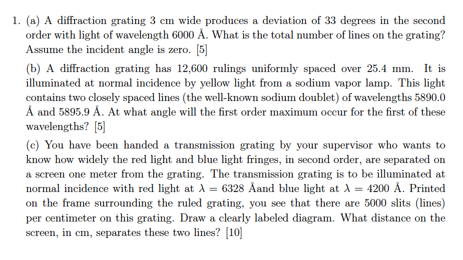 Solved 1. (a) A diffraction grating 3 cm wide produces a | Chegg.com