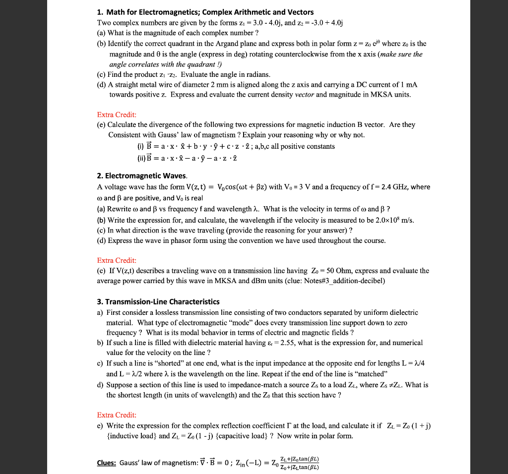 Solved 1. Math for Electromagnetics; Complex Arithmetic and | Chegg.com