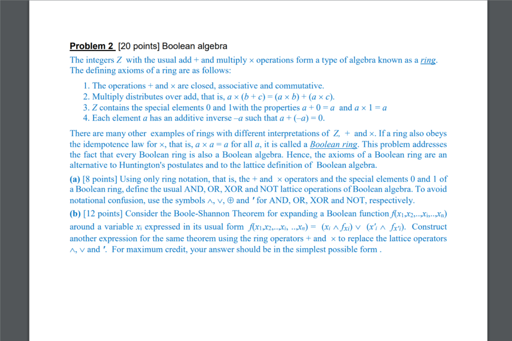 Solved Problem 2 [20 points] Boolean algebra The integers Z | Chegg.com