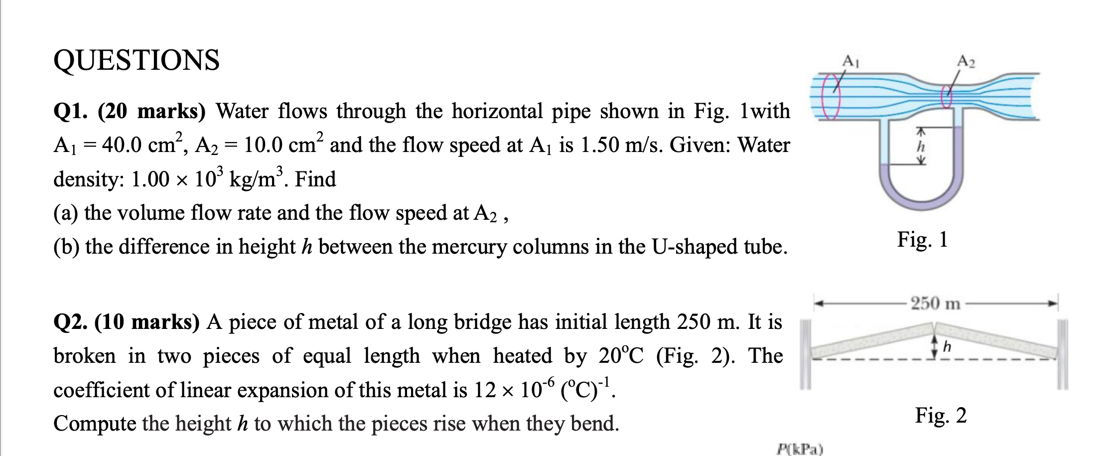 Solved QUESTIONS AL A2 不 h = = > Q1. (20 marks) Water flows | Chegg.com