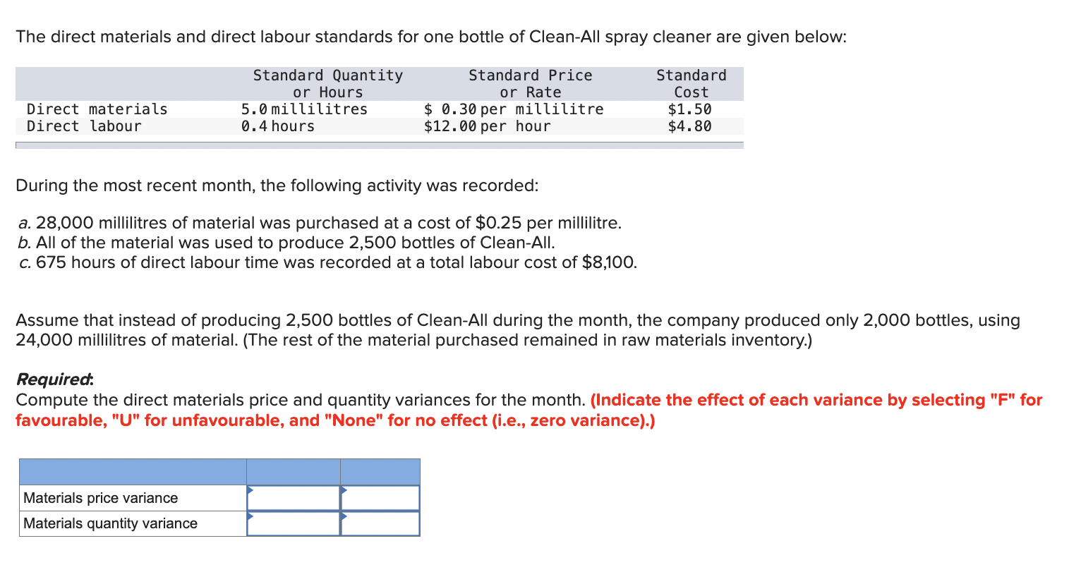 Solved The direct materials and direct labour standards for | Chegg.com