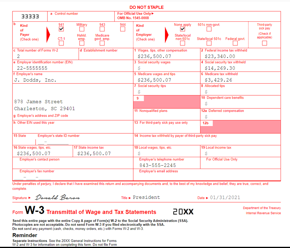 Complete the W-3 Form for J. Dodds, Inc. | Chegg.com