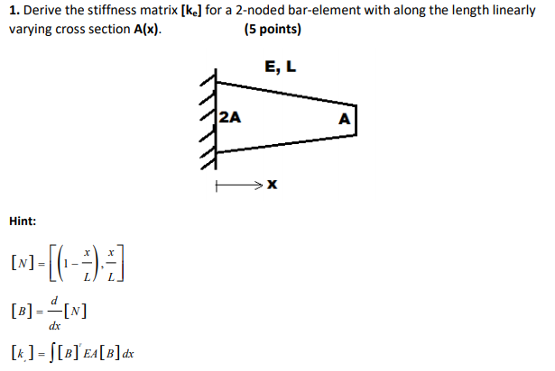 Solved 1. Derive the stiffness matrix [ke] for a 2-noded | Chegg.com