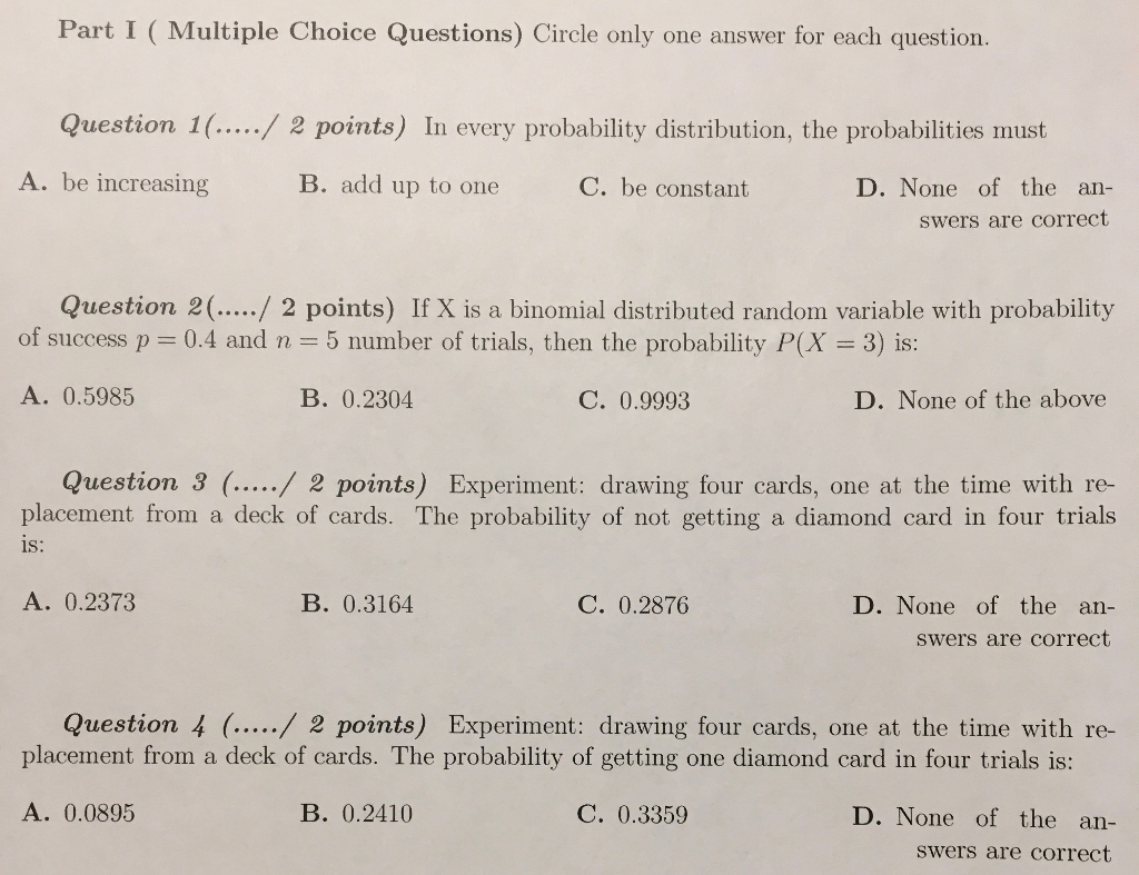Solved Part I ( Multiple Choice Questions) Circle only one | Chegg.com