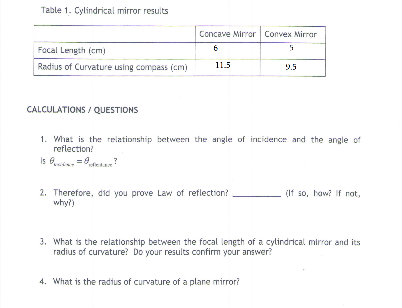 Solved Table 1. Cylindrical mirror results CALCULATIONS / | Chegg.com