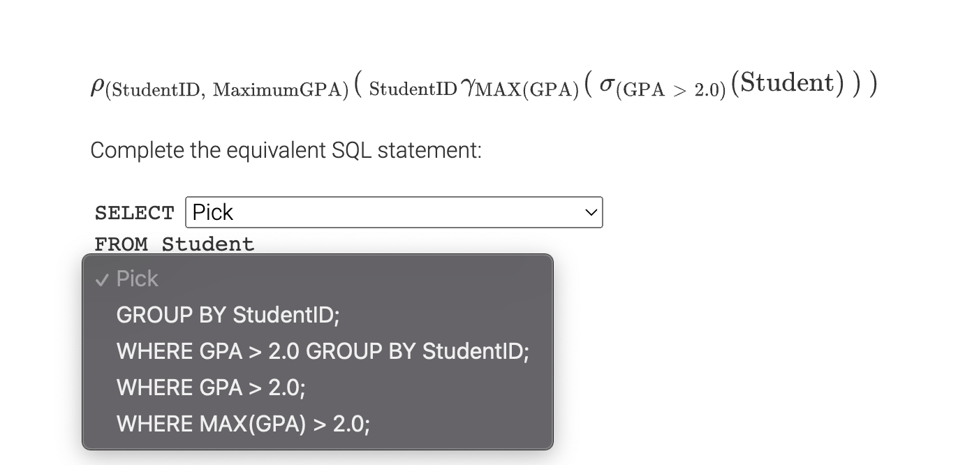 Solved Complete the equivalent SQL statement: v Pick GROUP | Chegg.com