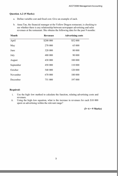 Solved Question A2 (9 Marks) Define variable cost and fixed | Chegg.com