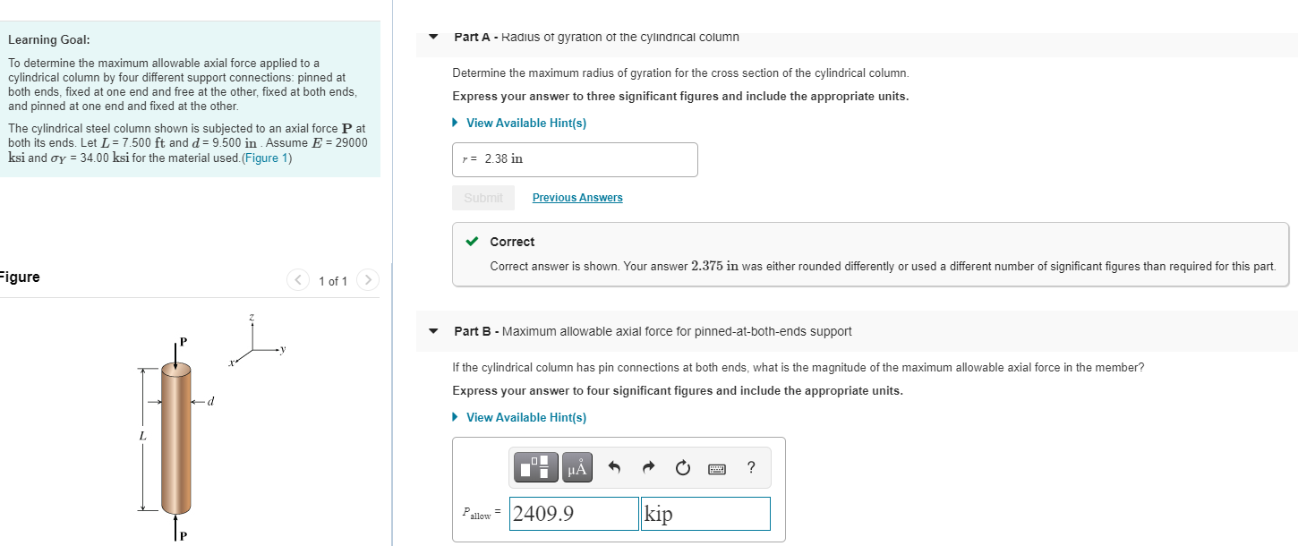 Solved Part A - Radius of gyration of the cylindrical column | Chegg.com
