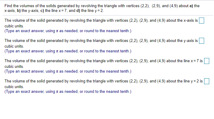 Solved Find the volumes of the solids generated by revolving | Chegg.com