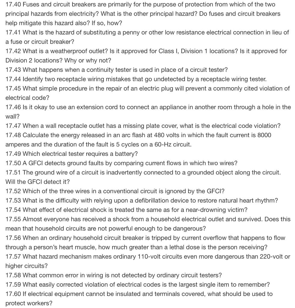 Solved 17.40 Fuses and circuit breakers are primarily for | Chegg.com