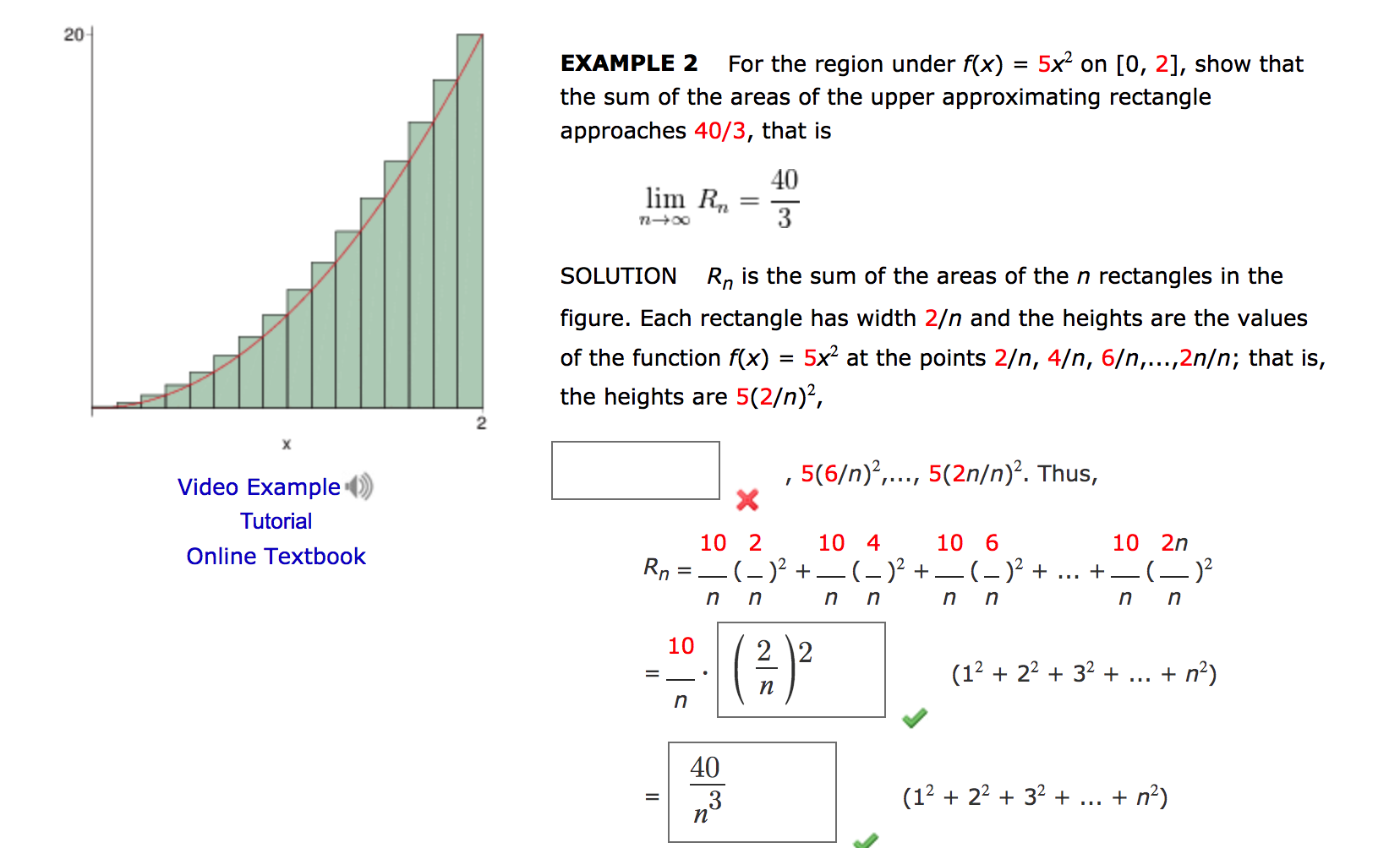 Solved 20 EXAMPLE 2 For the region under f(x) 5x2 on [0, 2], | Chegg.com