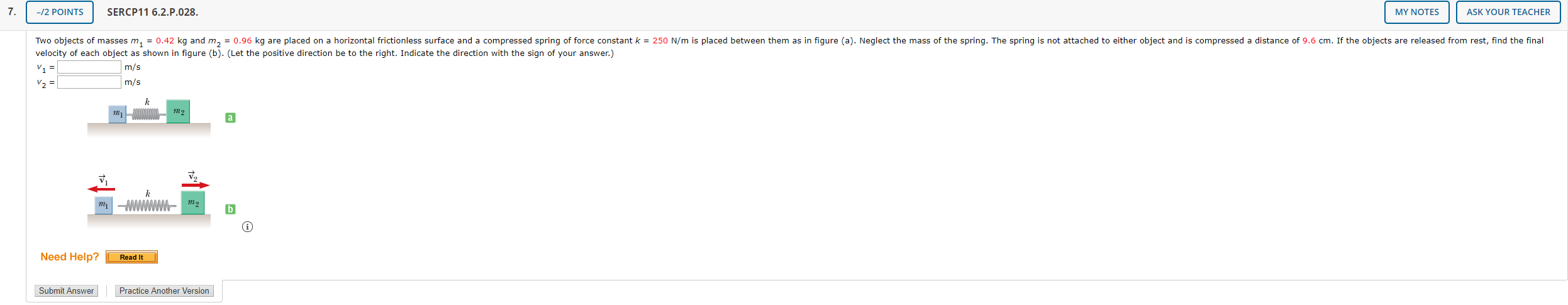 Solved Two objects of masses m1 = 0.42 kg and m2 = 0.96 kg | Chegg.com