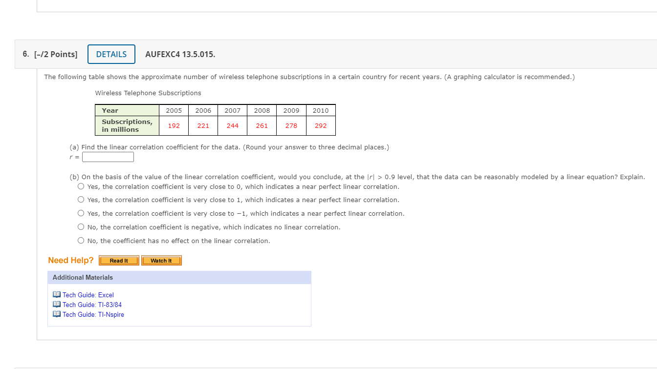 Solved 6. [-/2 Points] DETAILS AUFEXC4 13.5.015. The | Chegg.com