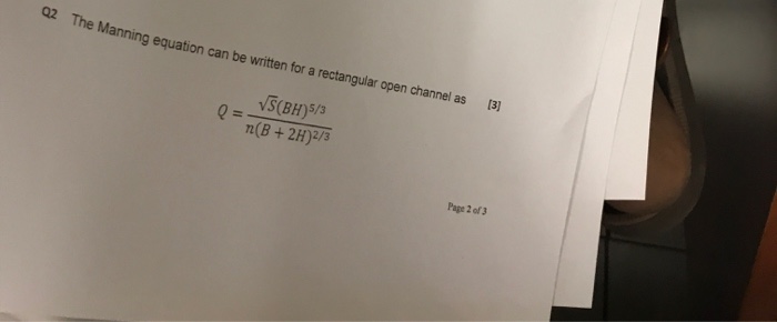 Solved The Manning equation can be witten for a rectangular | Chegg.com